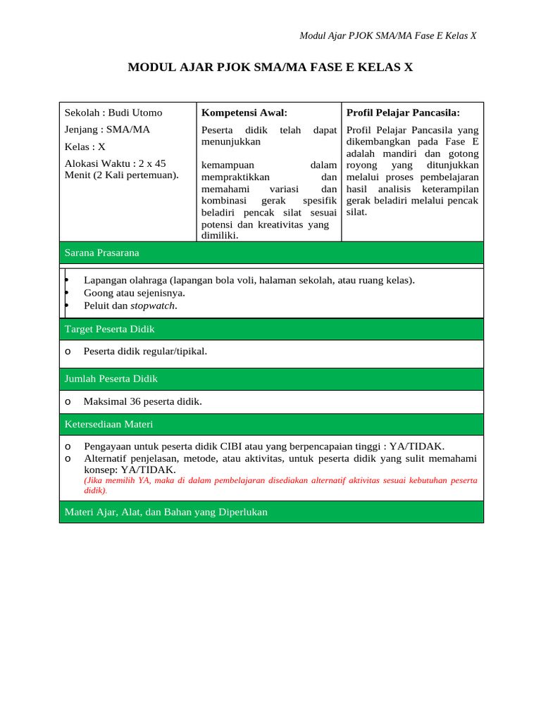 04 Modul Ajar Beladiri Pencak Silat_27!07!2021_oke | PDF