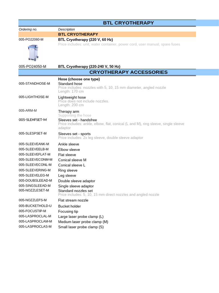BTL Cryotherapy Equipment & Accessories | PDF