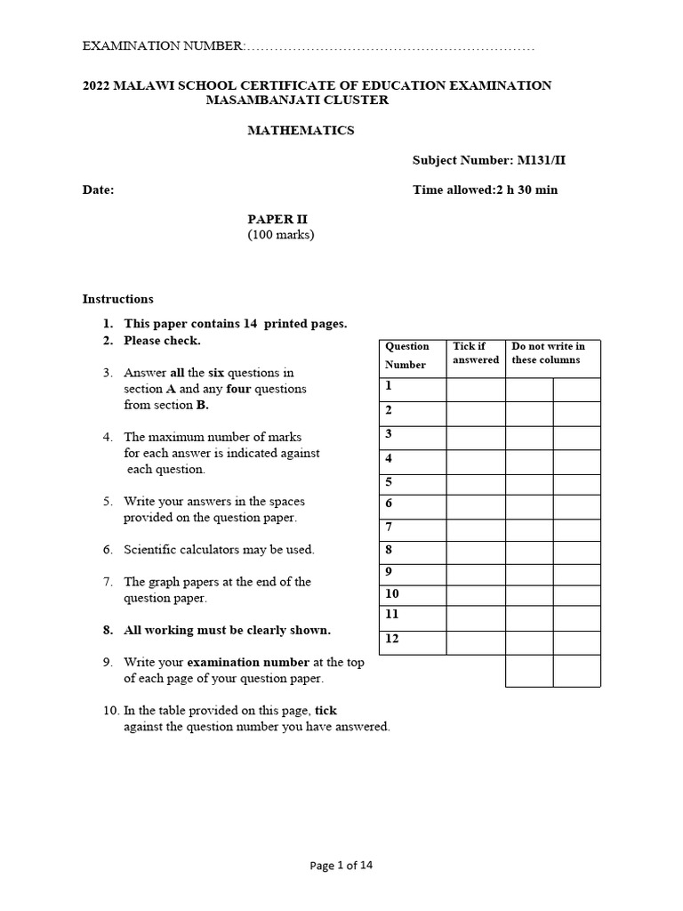2022 Malawi Mathematics Exam Paper II | PDF | Circle | Cartesian ...