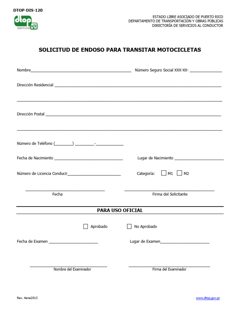 Solicitud de Endoso para Motocicletas | PDF | Licencia de conducir