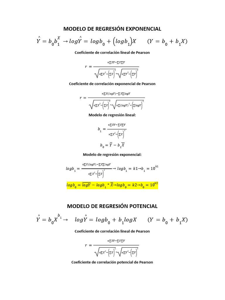 Formulas de Regresion Exponencial y Potencial | PDF | Matemáticas De La ...