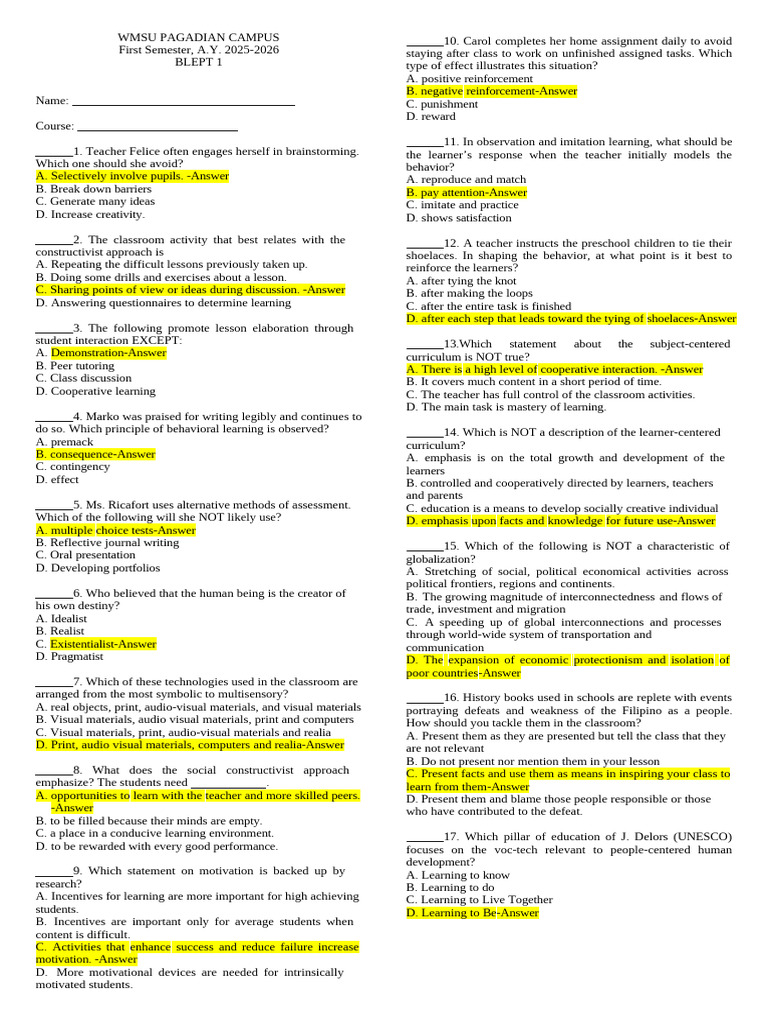 ProfEd-2_140-Items_Questionnaire | PDF | Learning | Teachers