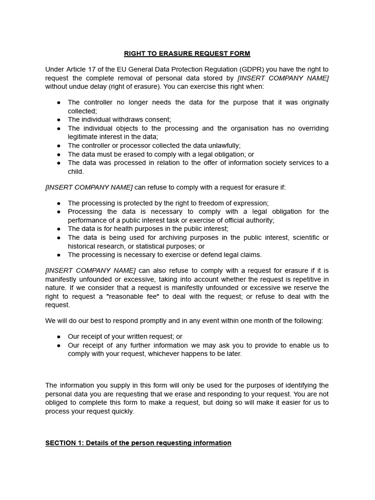 GDPR Right to Erasure Request Form | PDF | Justice | Crime & Violence