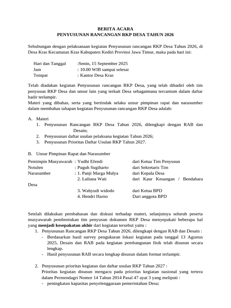 7. BA Tim Penyusun - Penyusunan Draft RKP 2026 (2) Lengkap | PDF