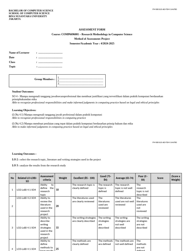 AoL Assessment Form - COMP6696001 - Research Methodoloy in Computer ...