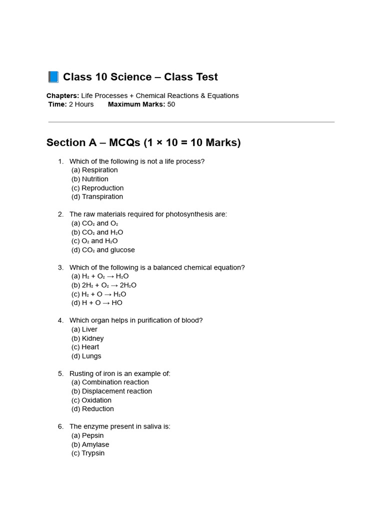Class 10 Science Test: Life Processes & Reactions | PDF | Cellular ...