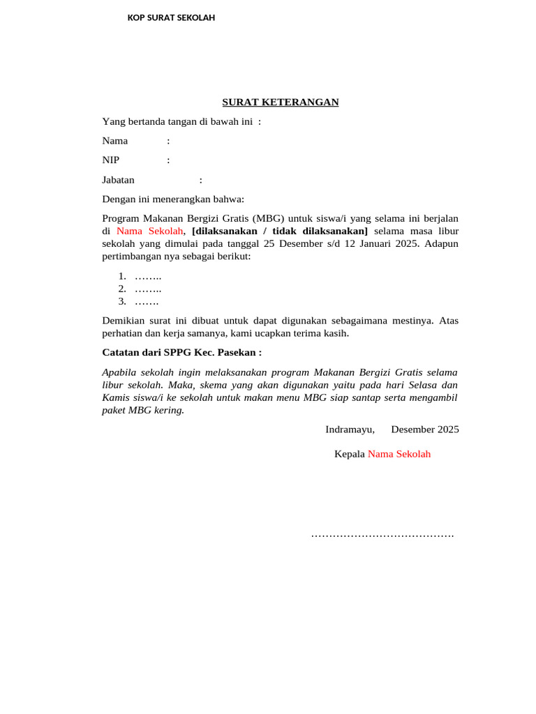 Surat Keterangan Program MBG Sekolah | PDF
