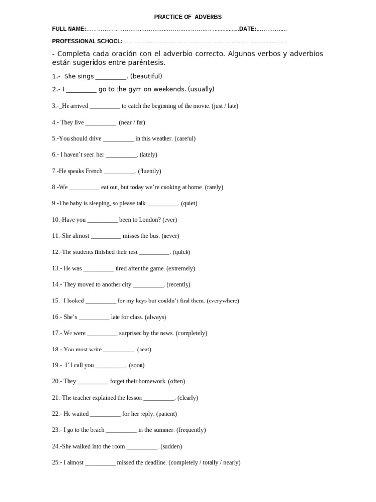 Adverb Practice Exercises for Students | PDF