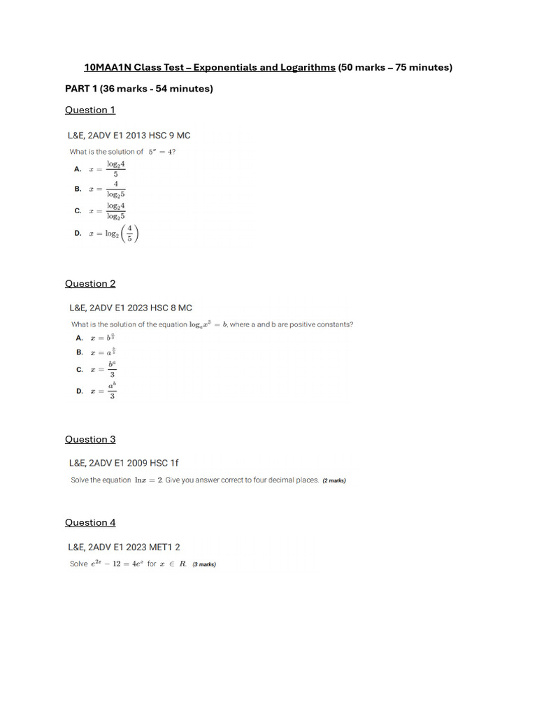 Class Test 1 - Exponentials and Logarithms - Questions | PDF