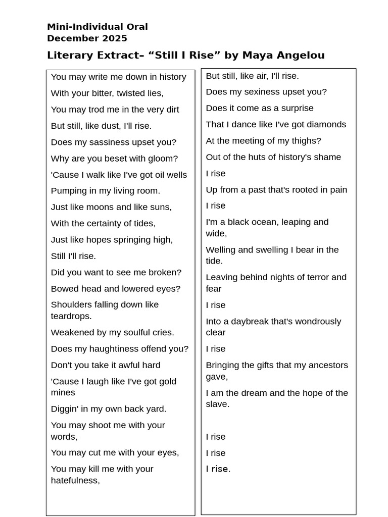 Mini Individual Oral 1 Literary Text - Poem 'I Rise' | PDF