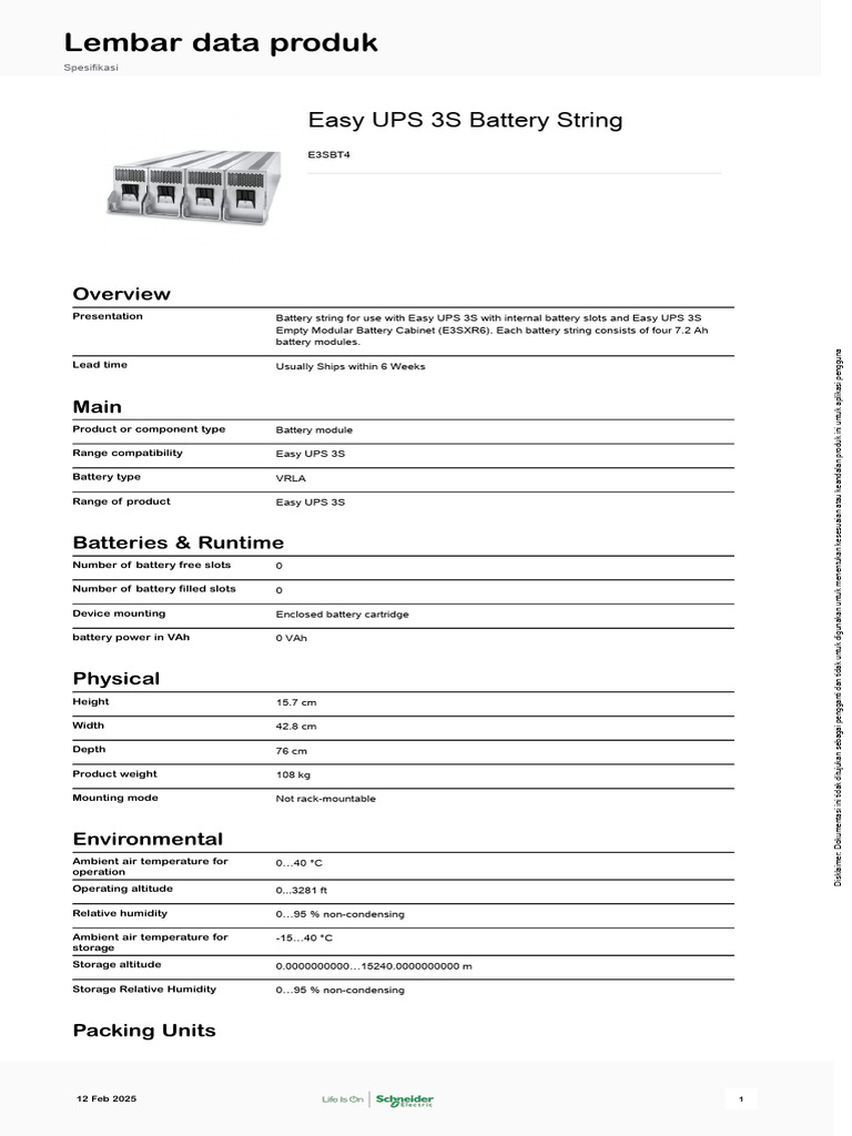Schneider Electric Easy UPS 3series Accessories E3SBT4 | PDF | Materials