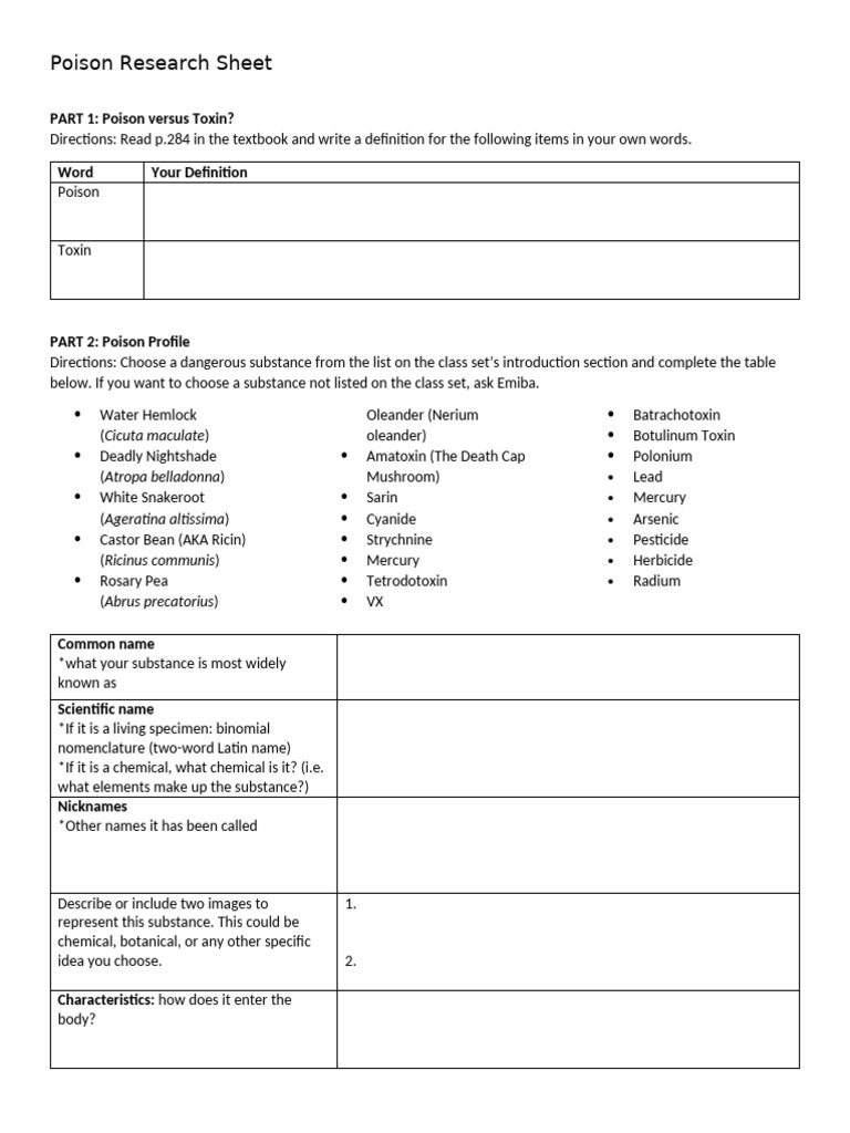 Poison Research Sheet | PDF