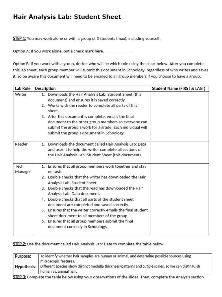 Hair Analysis Lab Student Instructions | PDF | Hair | Scientific Method