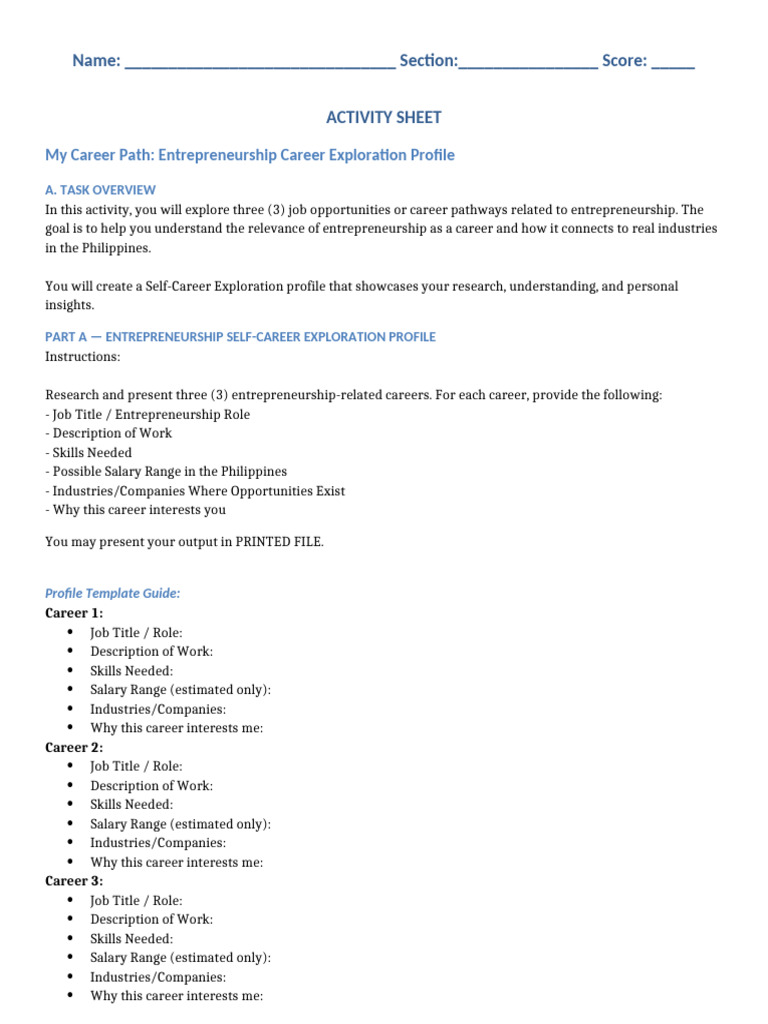 PETA1 Q3W1-2 Entrepreneurship Career Exploration Profile ActivitySheet ...