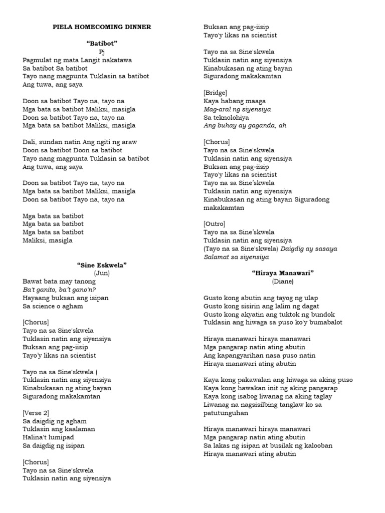 Dinner - Piela Homecoming Lyrics | PDF