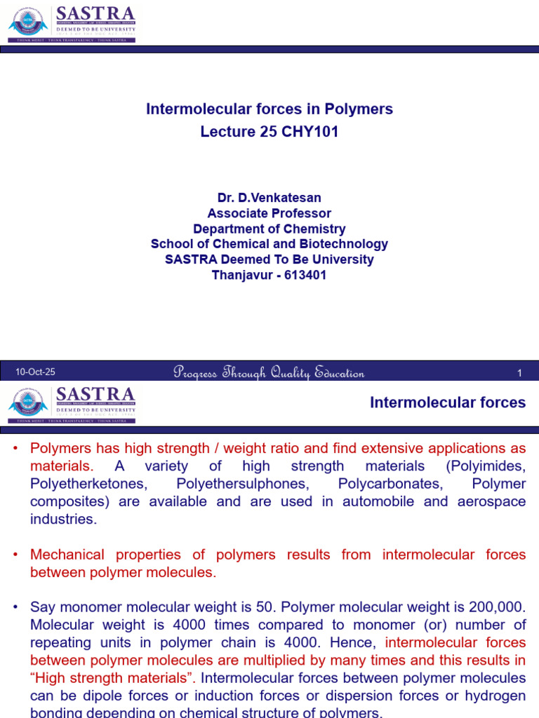 Lecture 26 CHY101 Intermolecular Forces in Polymers | PDF | Polymers ...