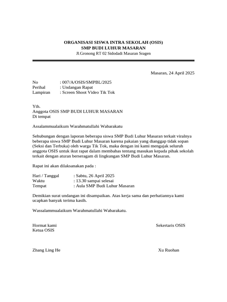 Undangan Rapat OSIS SMP Budi Luhur | PDF