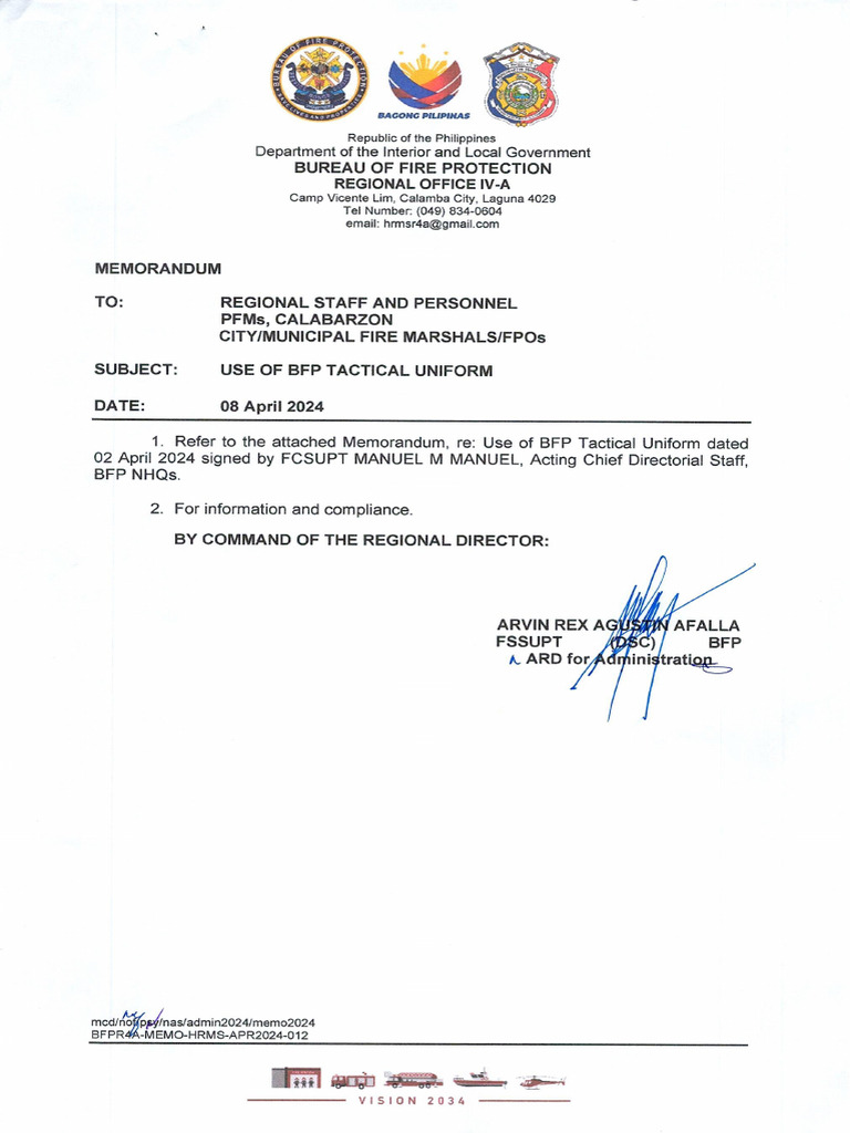 Memo Re Use of BFP Tactical Uniform DTD 08 April 2024 With Attachments ...