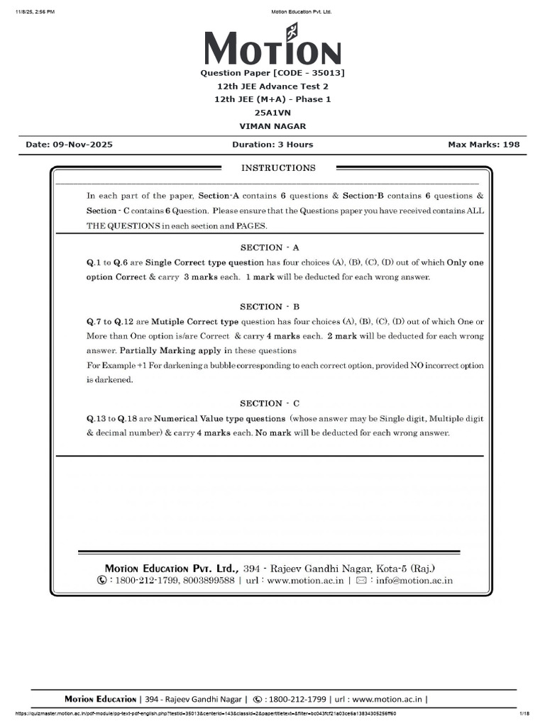 12th JEE Advance Paper 01 (09-11-25) | PDF | Mathematics | Mathematical ...