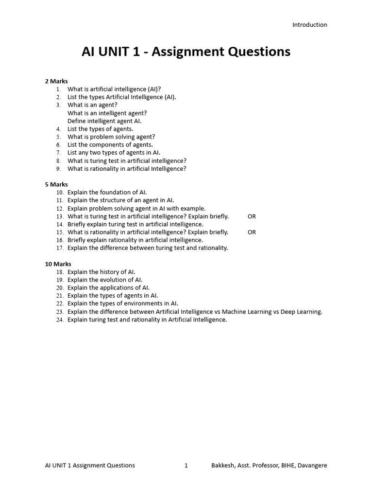AI Unit 1 Assignment Questions.docx | PDF