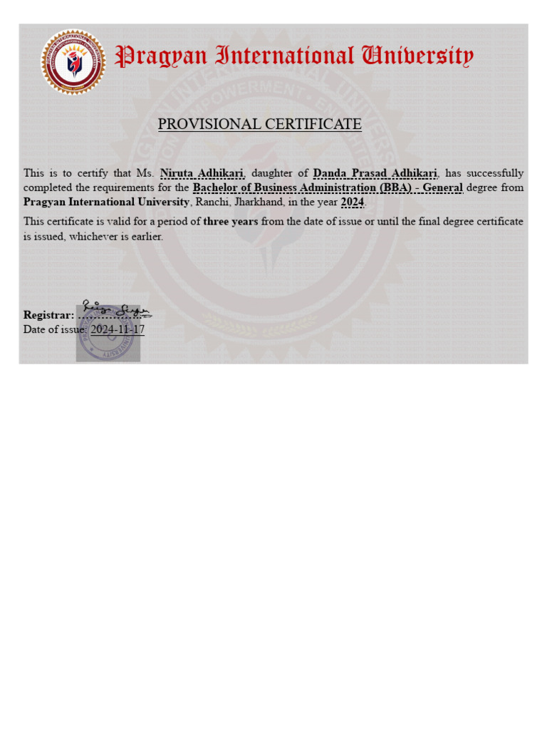 Final Provisional Certificate | PDF