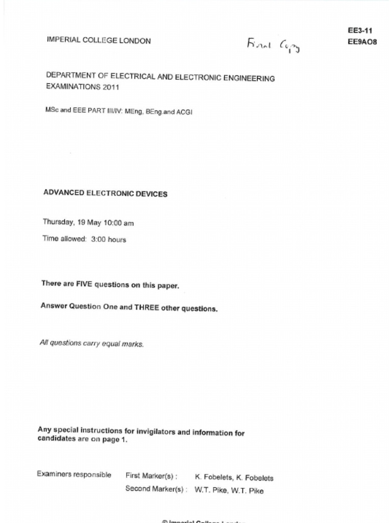 EE3 11 Advanced Electronic Devices 2011 | PDF