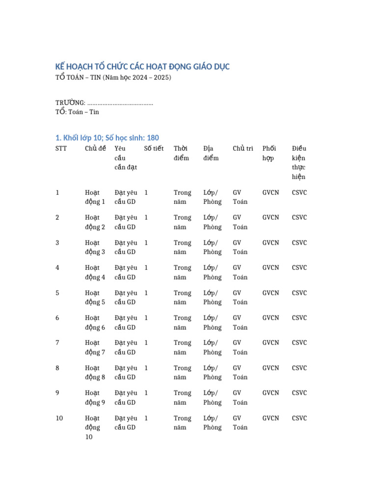 Ke Hoach Hoat Dong Toan Tin 2024 2025 | PDF