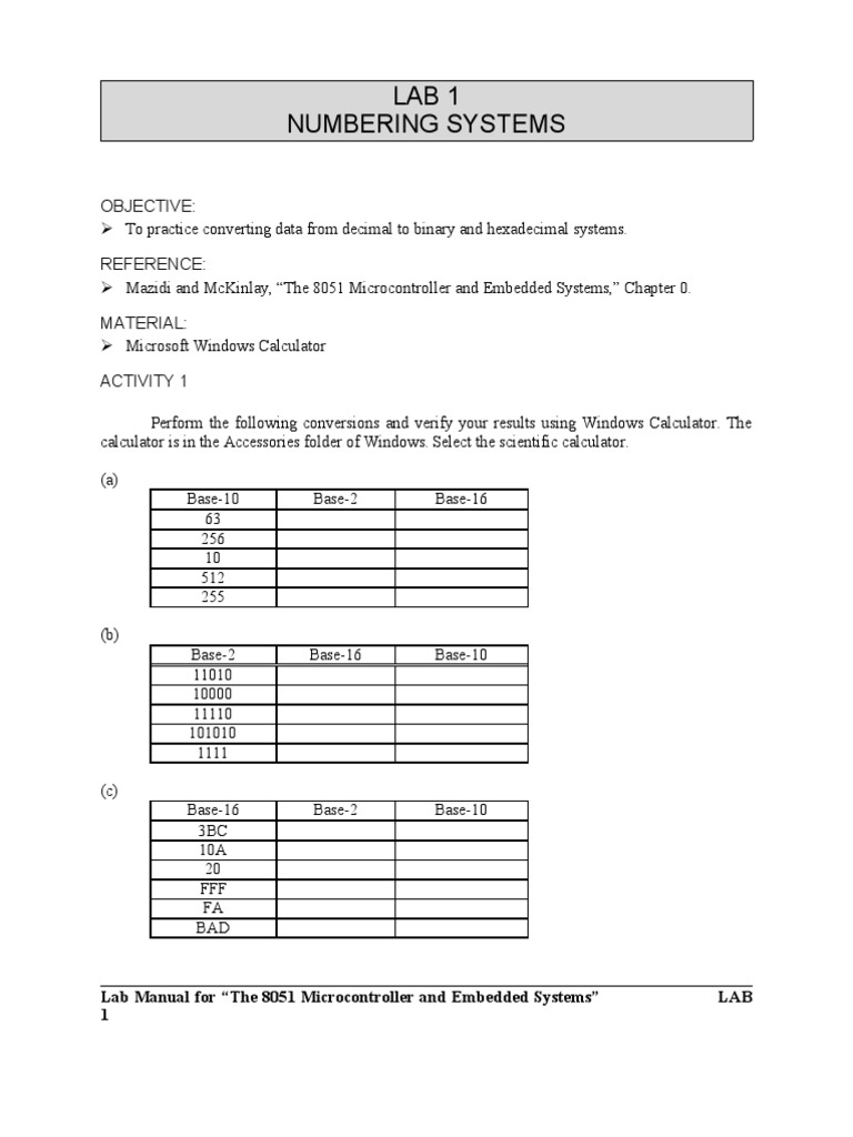 Lab 1 Numbering Systems: Lab Manual For "The 8051 Microcontroller and Embedded Systems" LAB 1 ...