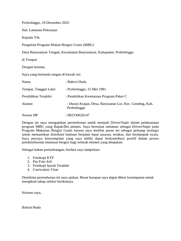Lamaran Driver Program MBG Probolinggo | PDF