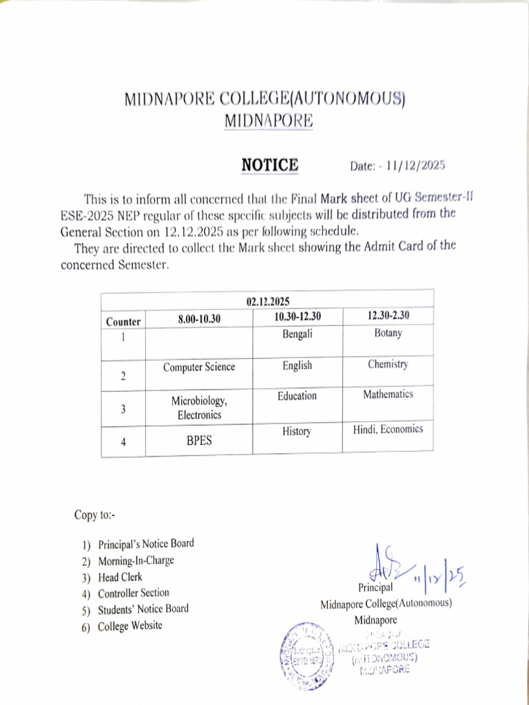 UG Semester-I Mark Sheet Distribution | PDF