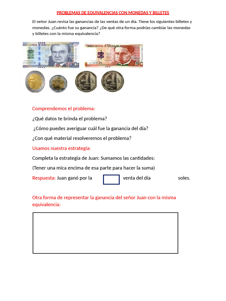 Problemas de Equivalencias Con Monedas y Billetes | PDF