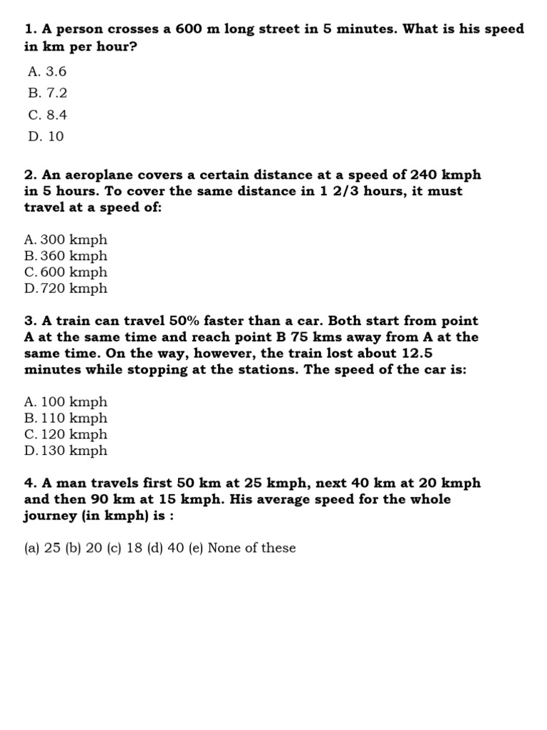 Time,Speed and Distance MCQ Test | PDF