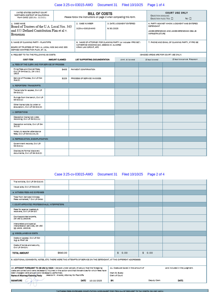 31 Bill of Costs | PDF | Per Diem | Justice