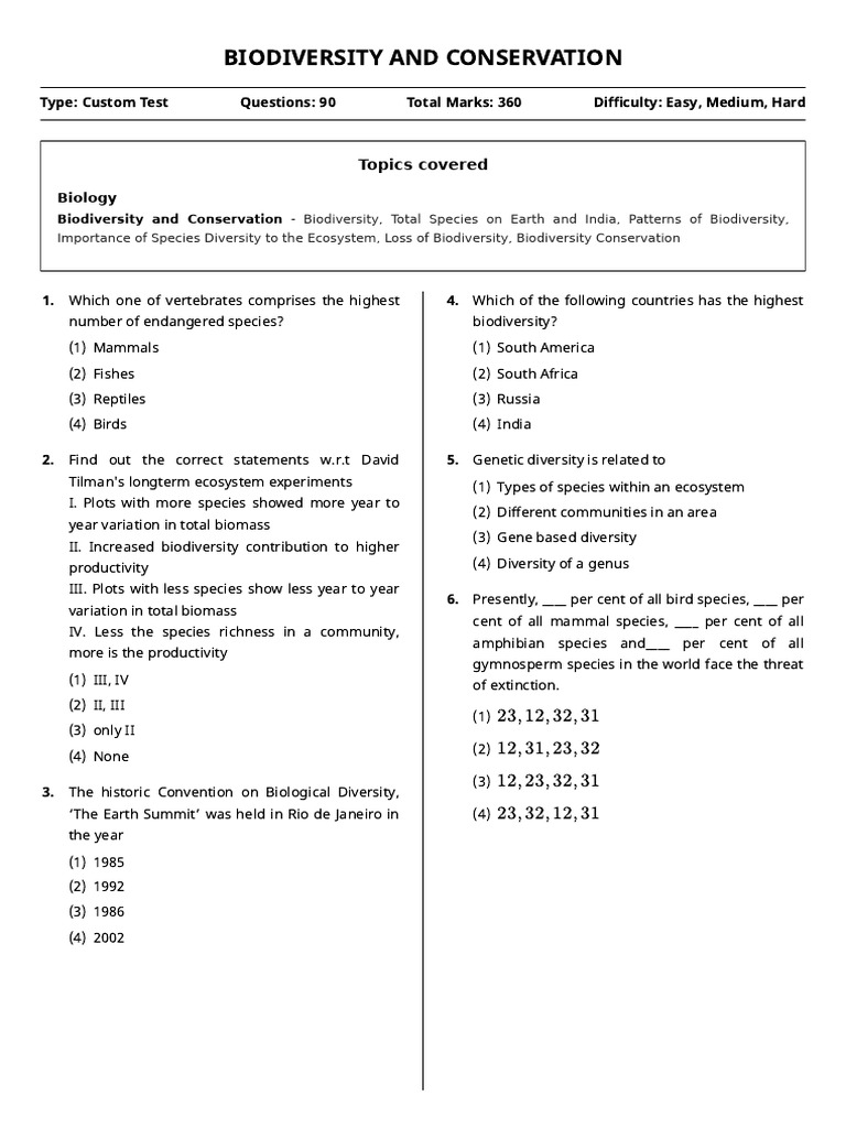 Biodiversity Conservation Test Questions | PDF | Biodiversity ...