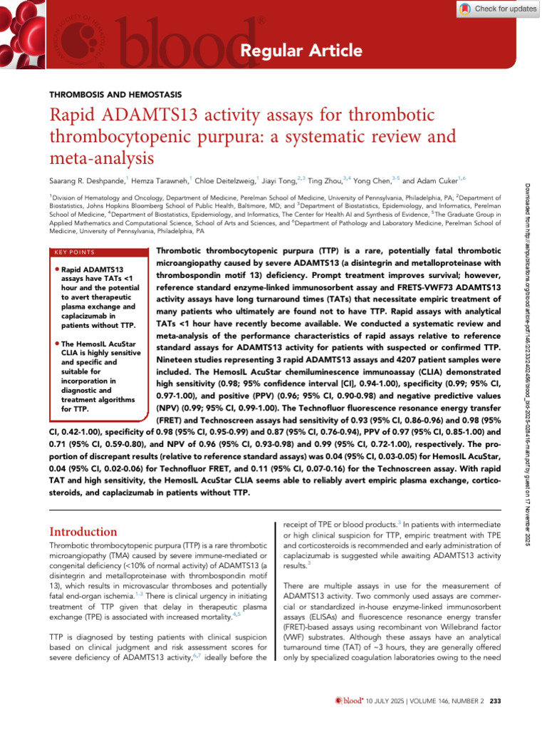 Rapid ADAMTS13 Assays for TTP Diagnosis | PDF | Thrombosis | Medical ...