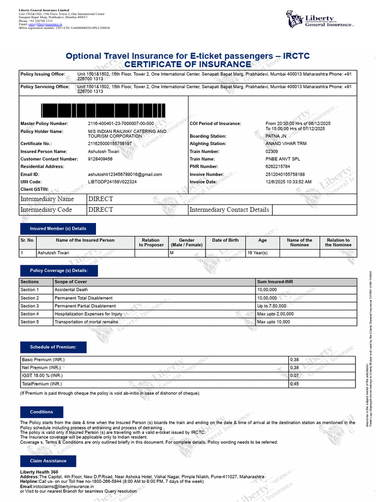 Optional Travel Insurance For E-Ticket Passengers - IRCTC Certificate ...