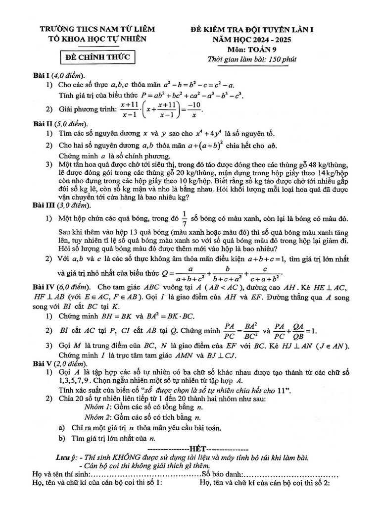 De Kiem Tra Doi Tuyen Lan 1 Toan 9 Nam 2024 2025 Truong Thcs Nam Tu ...