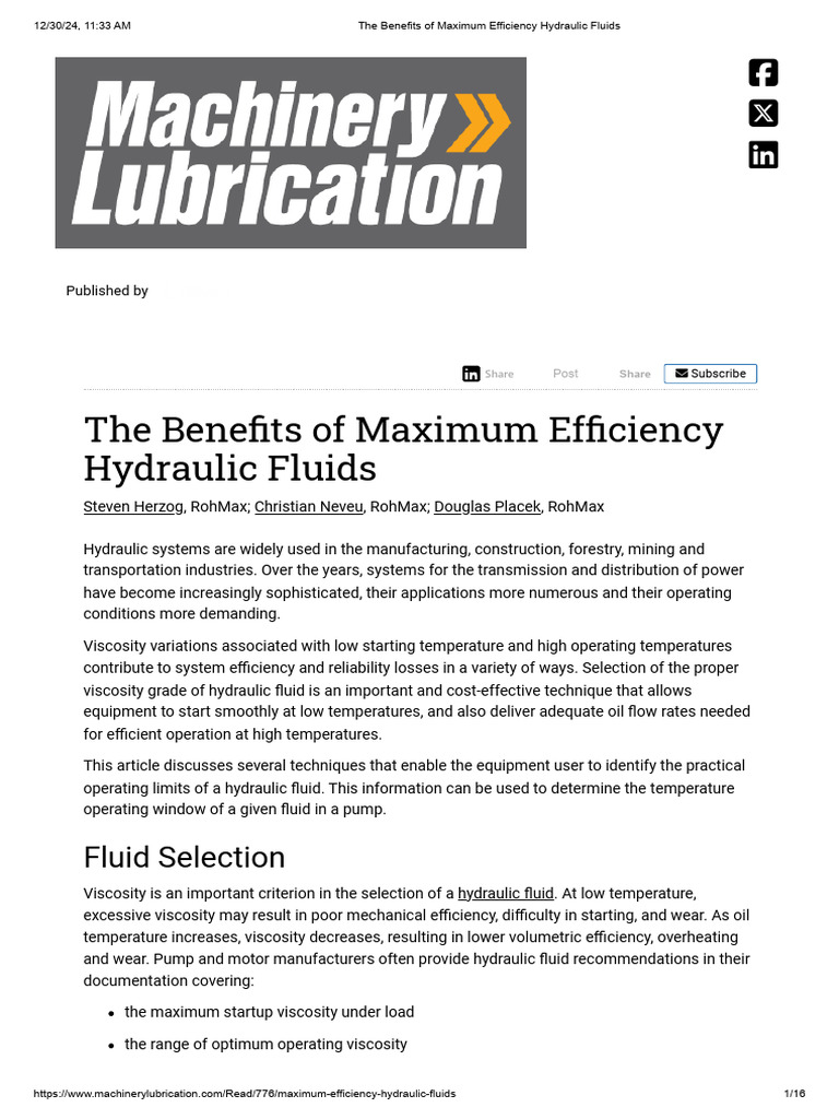 The Benefits of Maximum Efficiency Hydraulic Fluids | PDF | Pump ...