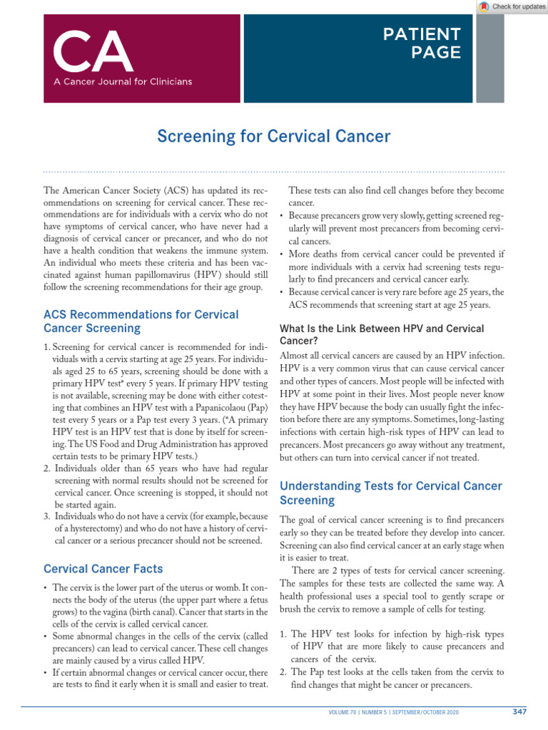 CA a Cancer J Clinicians - 2020 - - Screening for Cervical Cancer | PDF ...