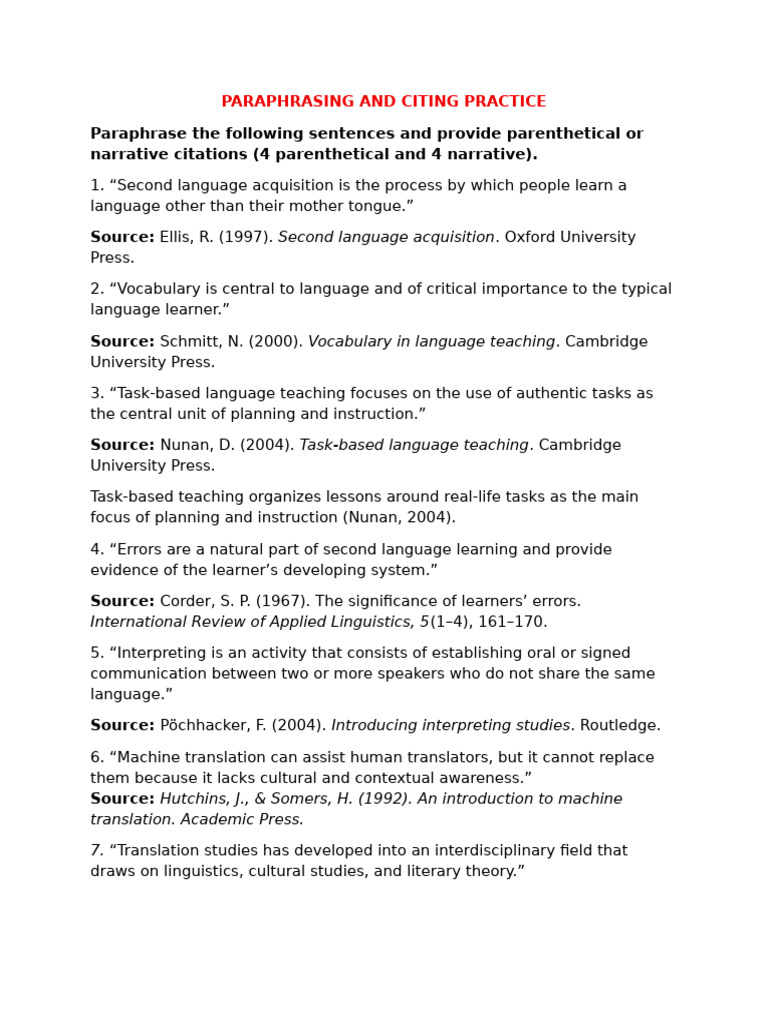 Paraphrasing and Citing Practice Guide | PDF | Second Language ...