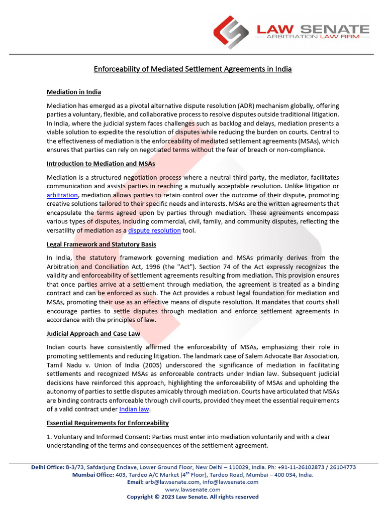 Enforceability of Mediated Settlement Agreements in India | PDF ...
