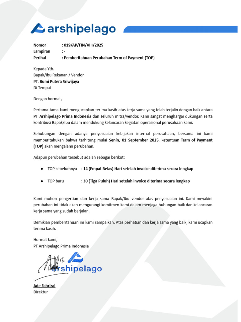 Surat Permohonan TOP Vendor - Bumi Putera Sriwijaya | PDF
