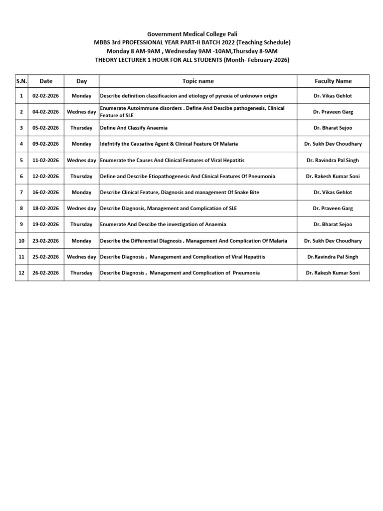 Class Teaching Schedule Feb-26 | PDF