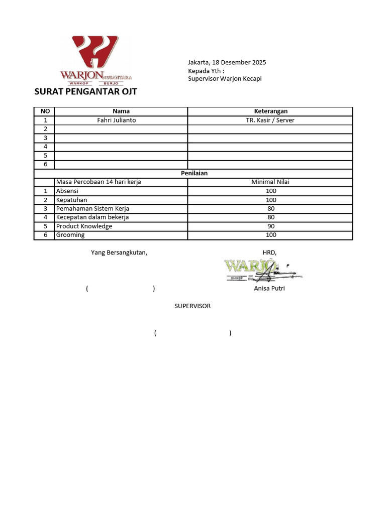Surat Pengantar Ojt Fahri Julianto Kasir Atau Server Kecapi, Tr Kecapi ...