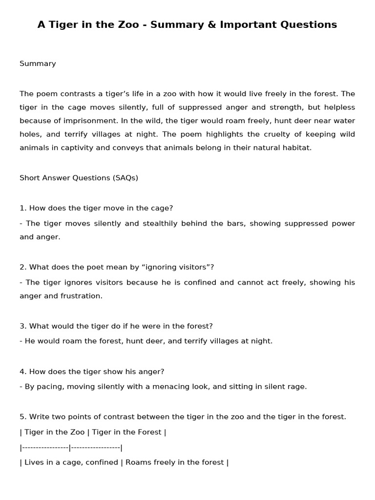 A Tiger in The Zoo Summary | PDF