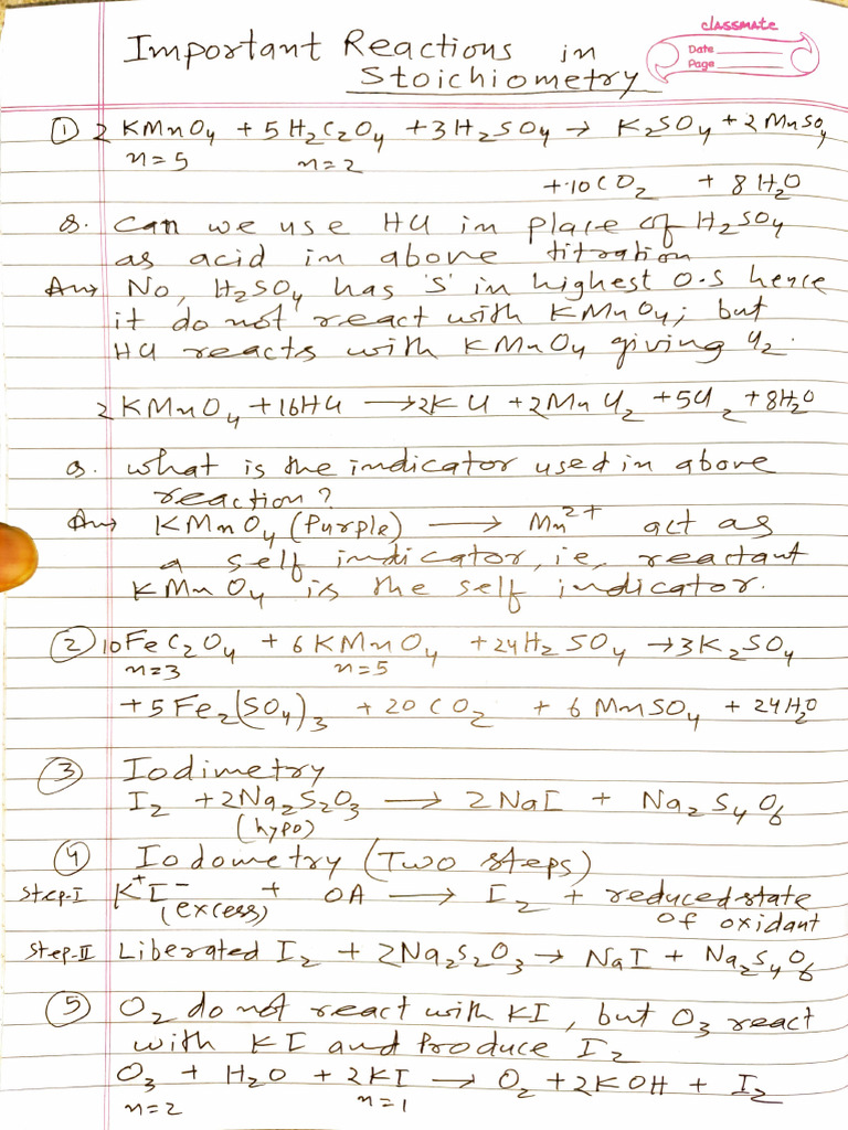 Important Reactions in Stoichiometry | PDF