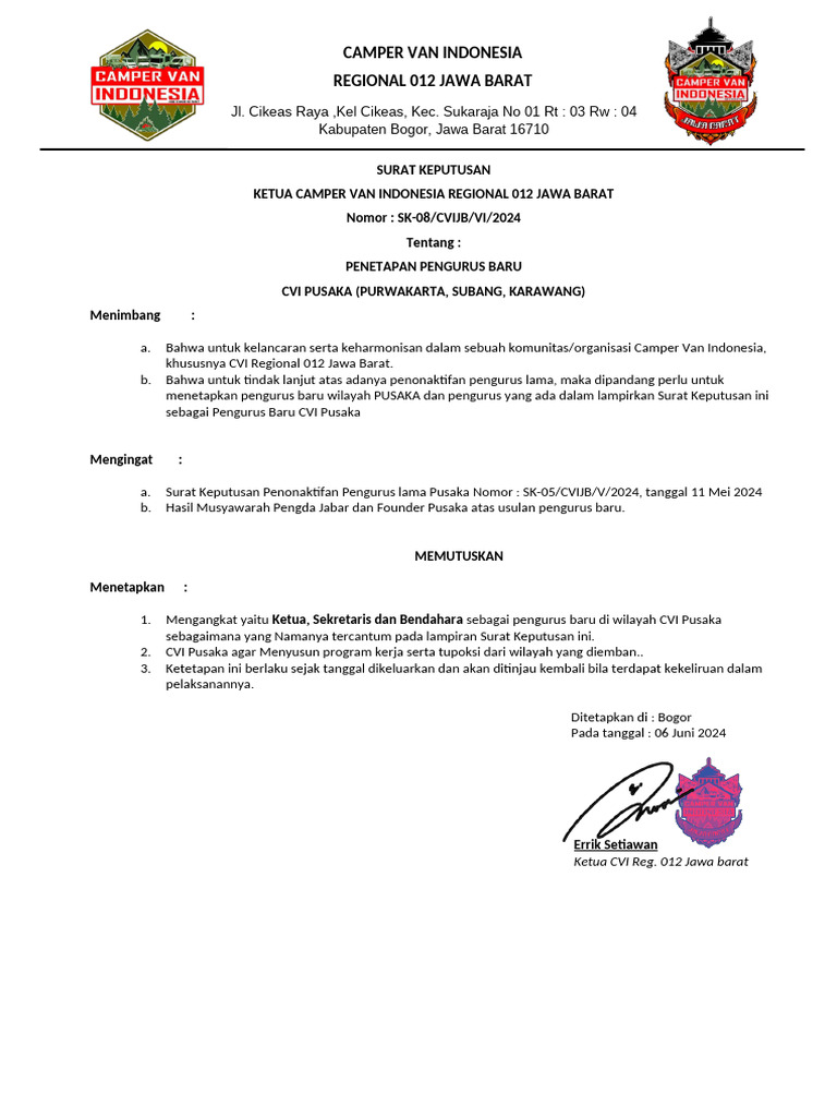 Penetapan Pengurus Baru CVI Pusaka | PDF