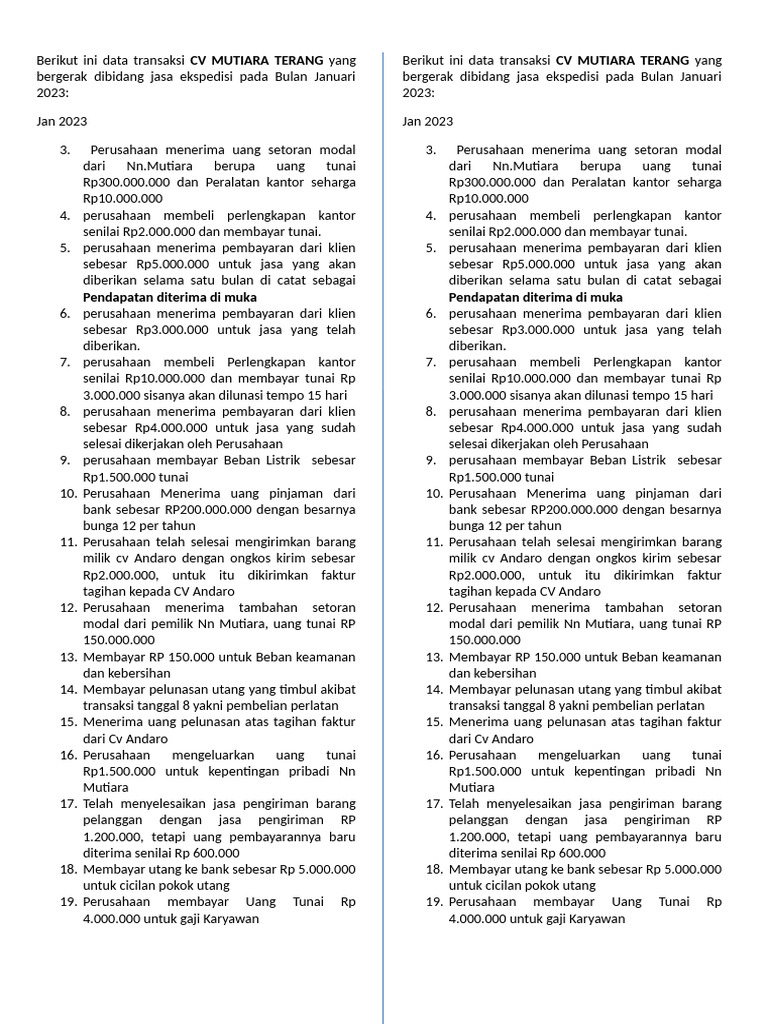 Transaksi Keuangan CV Mutiara Terang Januari 2023 | PDF