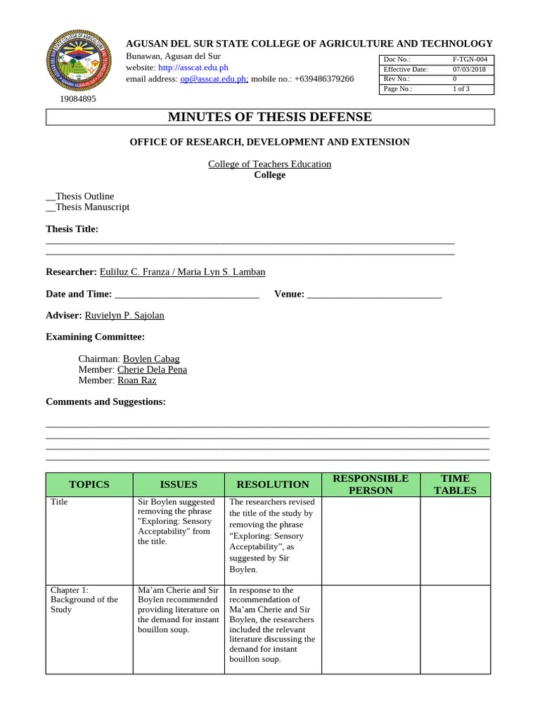4 F TGN 004 Minutes of Thesis Defense | PDF | Thesis