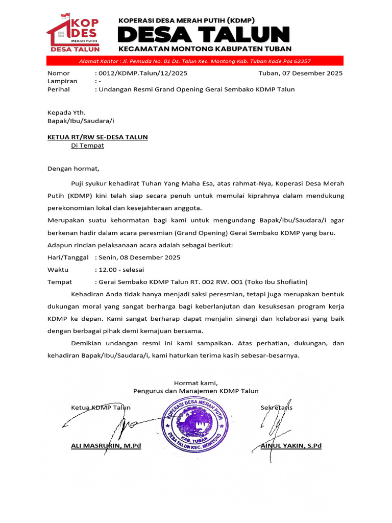 Undangan Grand Opening KDMP Talun | PDF
